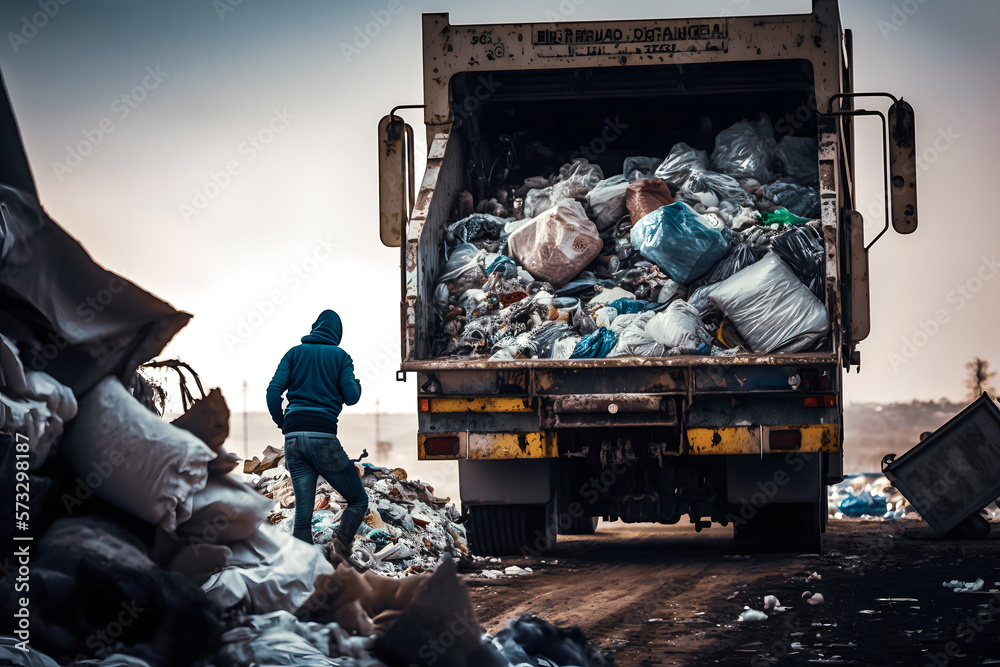 Landfill waste disposal. Industry garbage truck unloads rubbish in dump ...