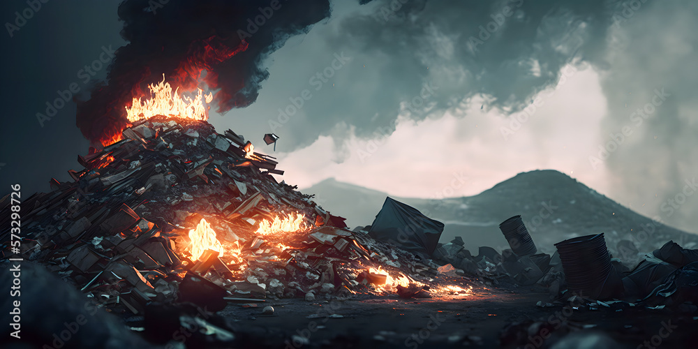 Burning garbage heap with toxic smoke. Banner Waste dump with fire ...
