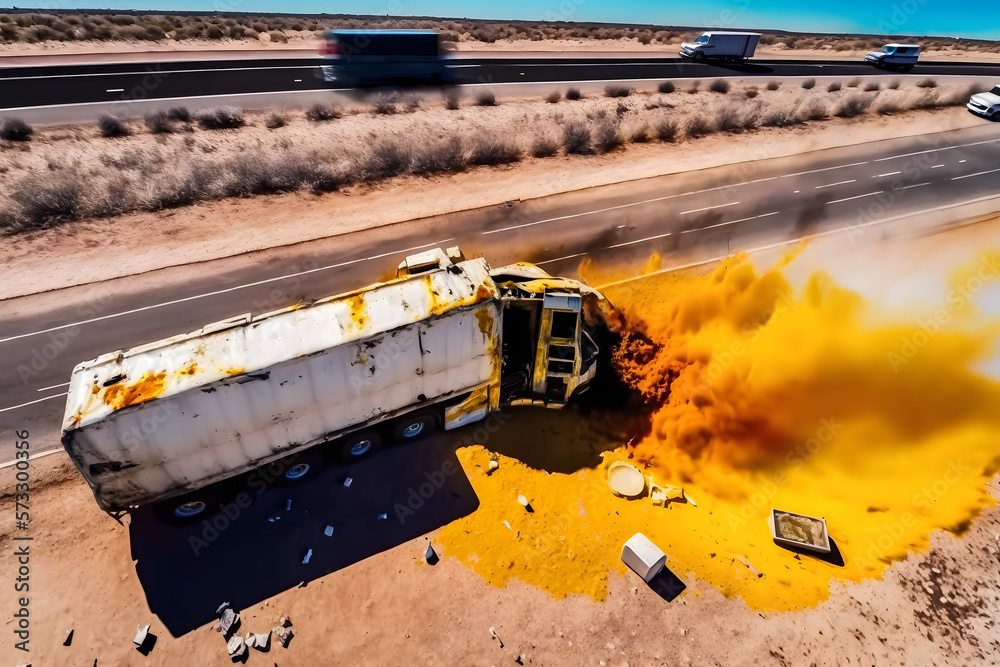 Car freight with oil and hazardous crashed on highway. Tank trucks with ...