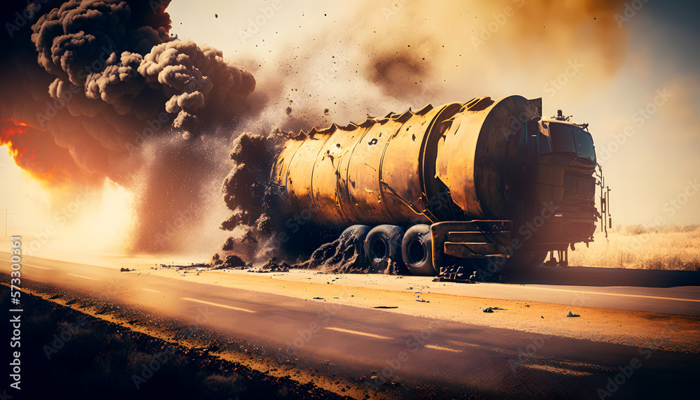 Tank trucks break and burn with yellow smog. Car freight with oil and ...