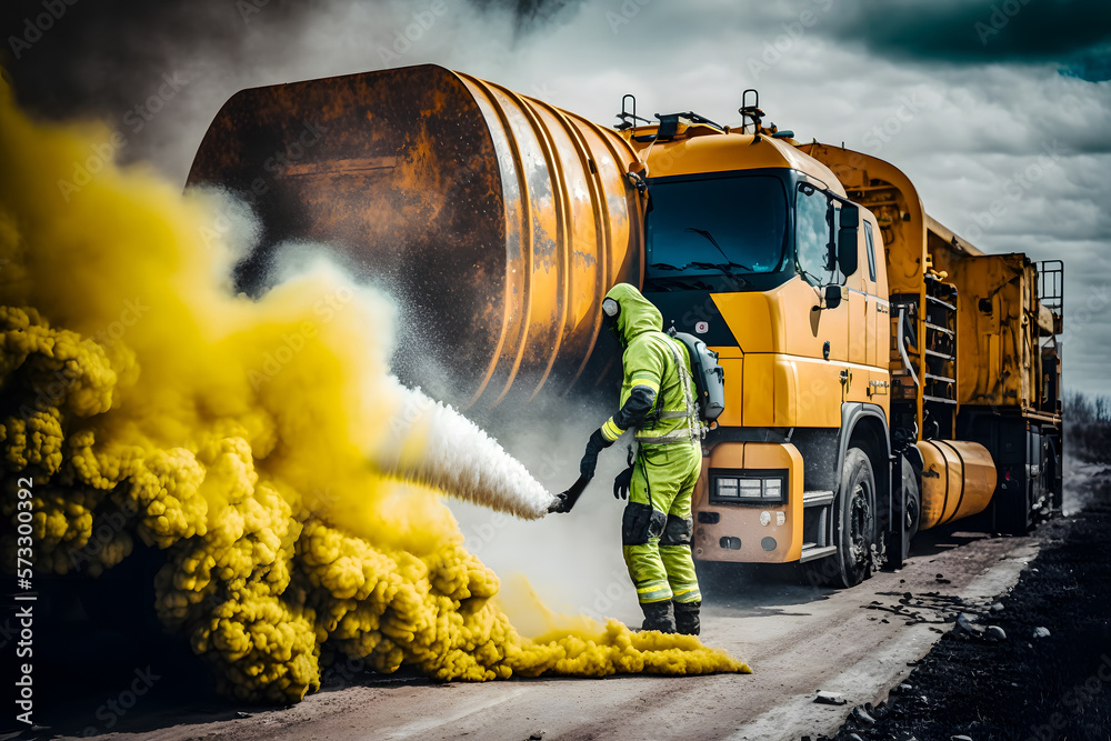 Fireman extinguish Tank trucks with nitric acid break and burn. Car ...