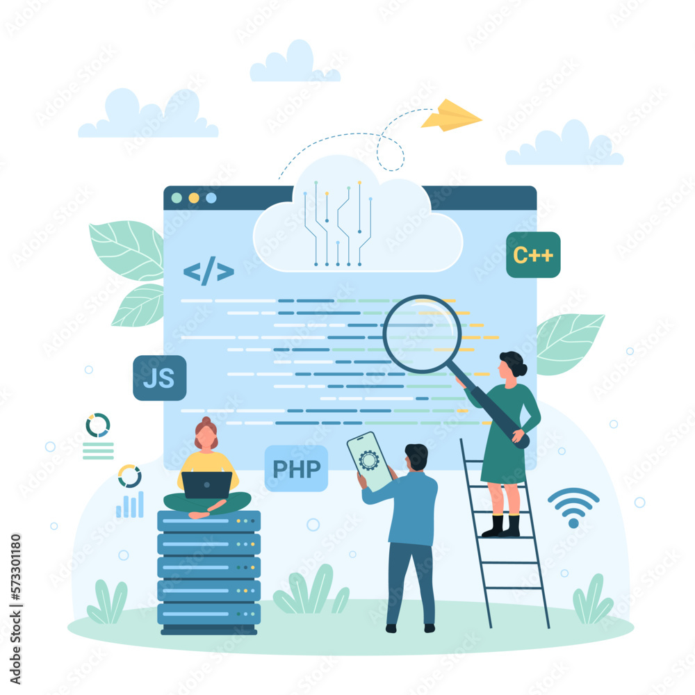 Program code development technology vector illustration. Cartoon tiny people studying script in ...