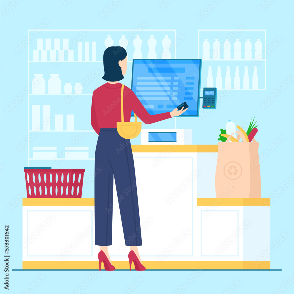Self service in grocery store, supermarket vector illustration. Cartoon ...