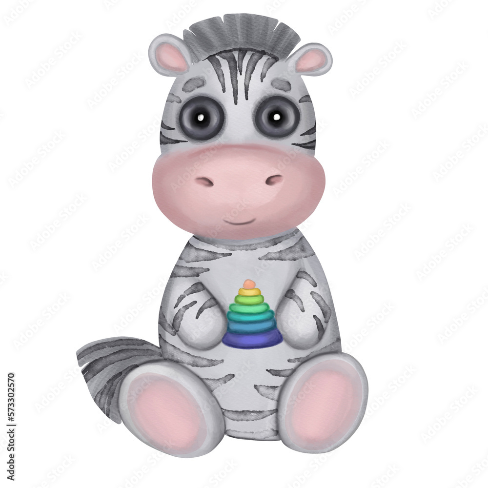 Cute baby zebra with toy illustration. Hand drawn watercolor ...