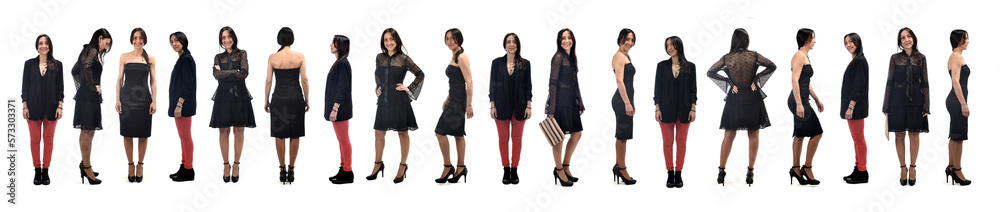 line of large group of same woman standing and various outfits on white ...