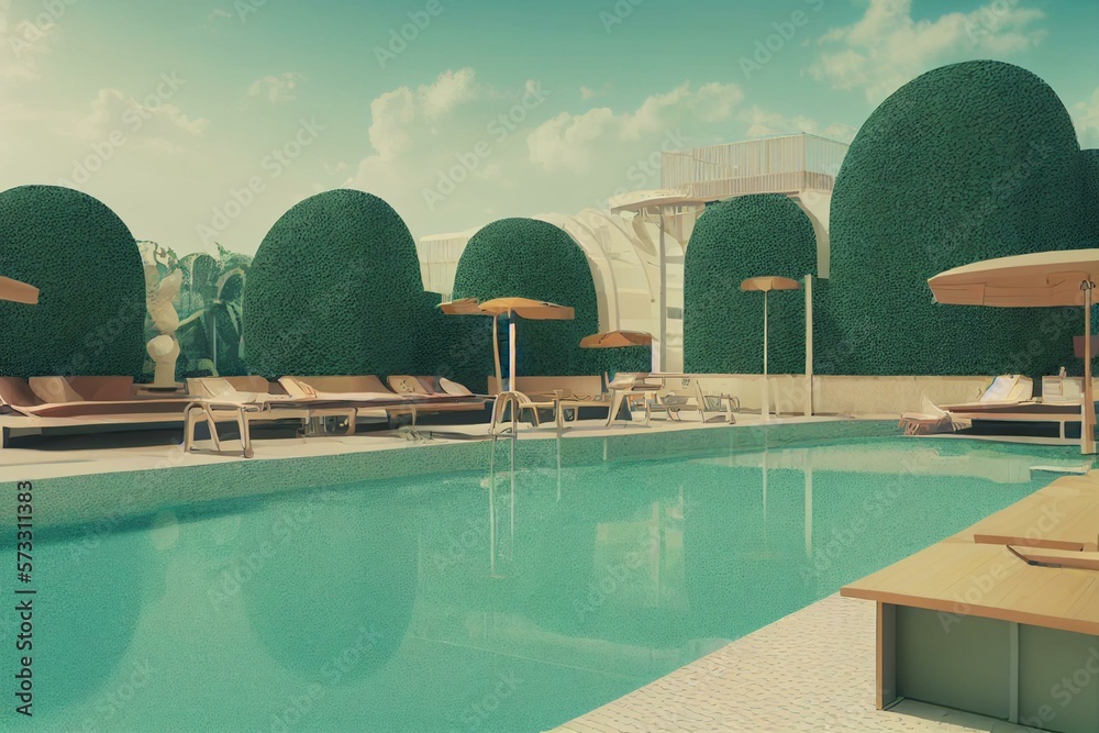 cartoon illustration, outdoor swimming pool in a hotel and sun loungers ...