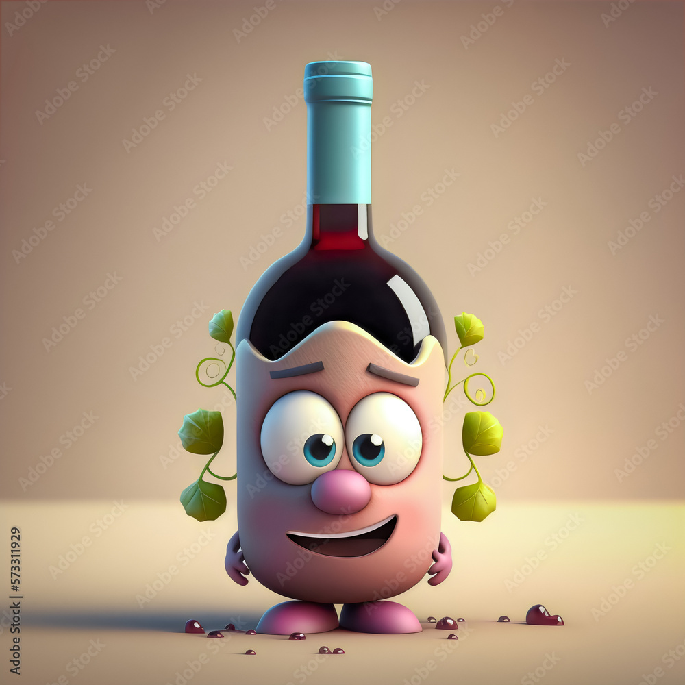 Cute and Funny Cartoon Bottle of Tipsy Red Wine, Generative AI ...