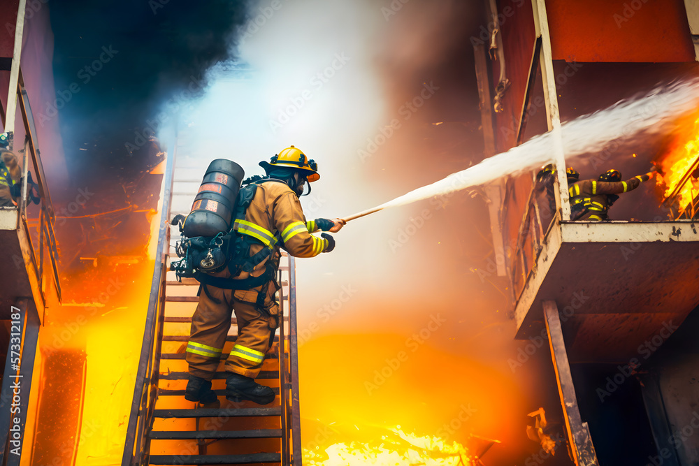 Firefighter puts out a fire with a hose on a retractable ladder of a ...