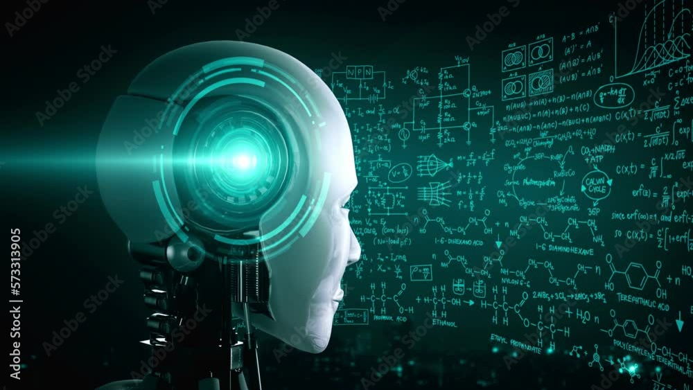 hominoid AI robot looking at hologram screen in concept of math ...