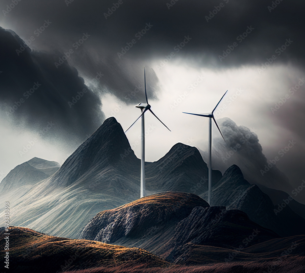 Wind power plant and factory. Wind turbines. Green energy industrial ...