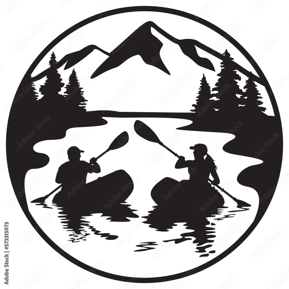 A vector silhouette of a male and female "flat water" kayaking together ...