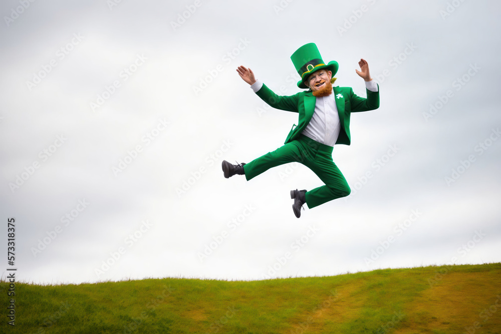 Funny portrait of a jolly leprechaun clicking his heels and jumping ...