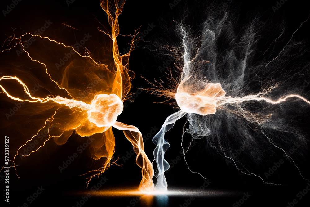Lightning collision. Powerful colored lightnings, electric forces ...