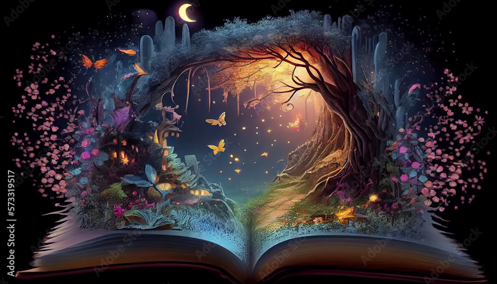 Open book revealing a stunning magical fantasy forest, fairy tale ...