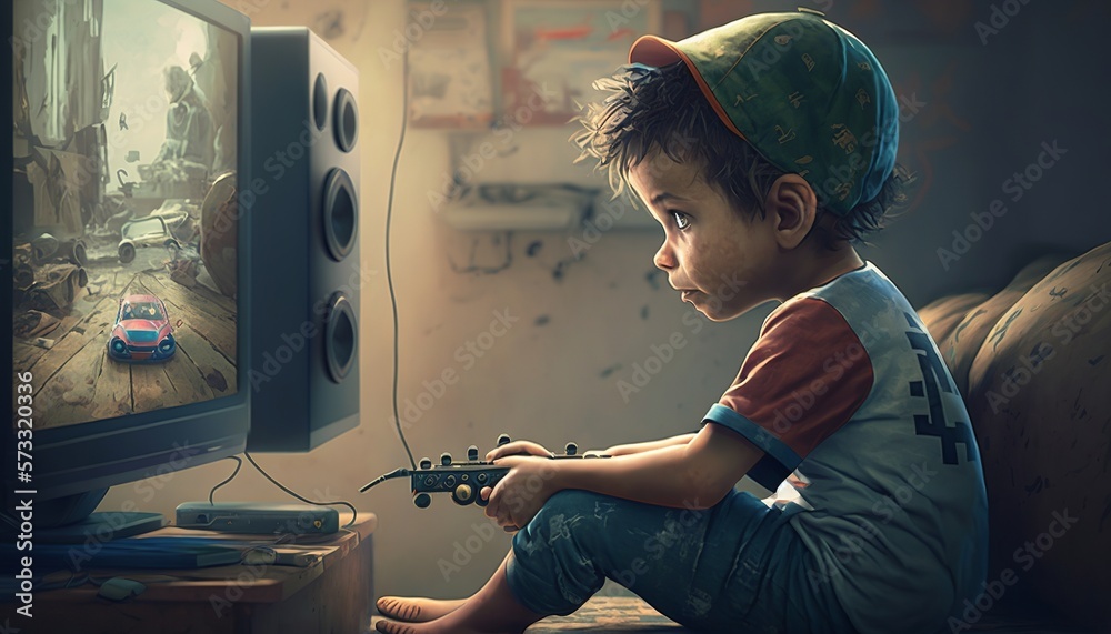 side view of a young boy using playing video games on old console ...