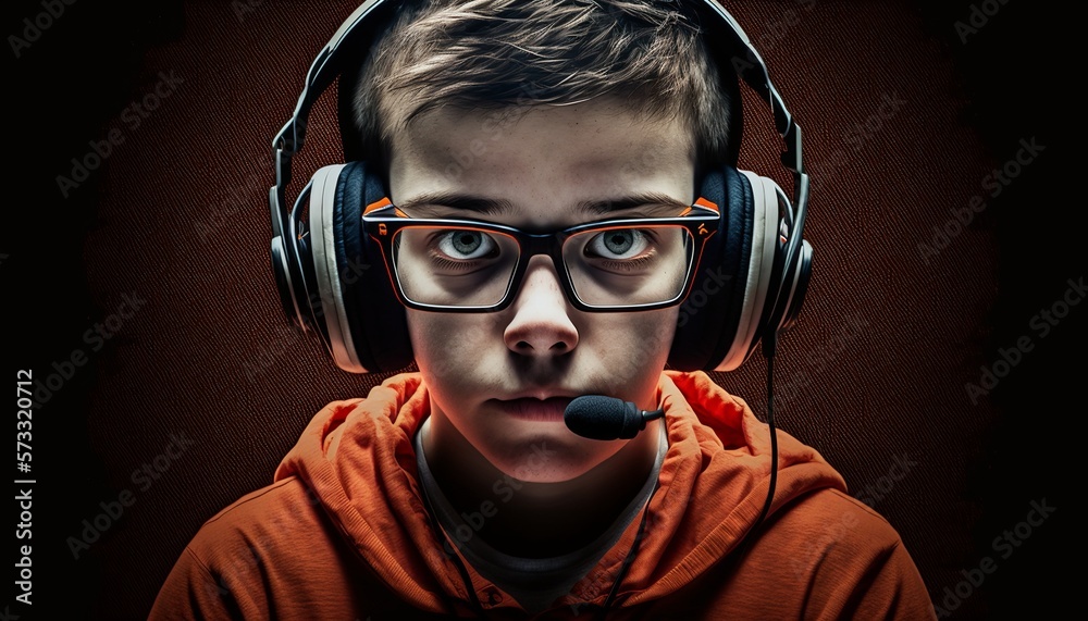 frontal view of a gamer boy or teenager using a headset playing ...