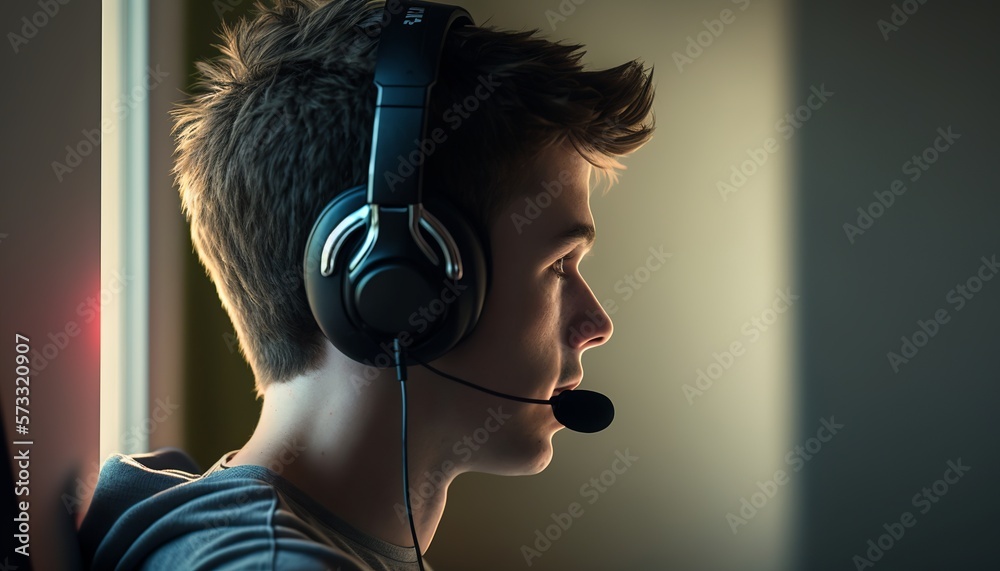 side view of a gamer boy using a headset playing video games on a pc or ...