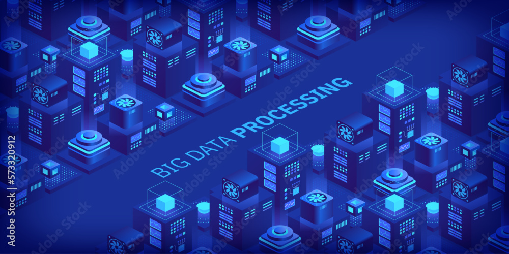 Vector isometric server room. Quantum computer. Cloud storage data center. Web hosting. Big data ...