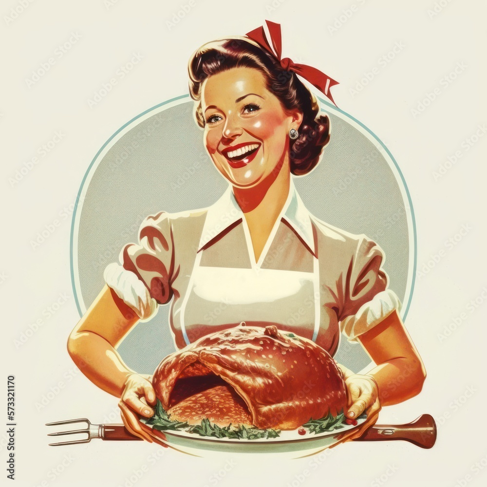Vintage retro illustration of a proud smiling 50s housewife preparing a ...
