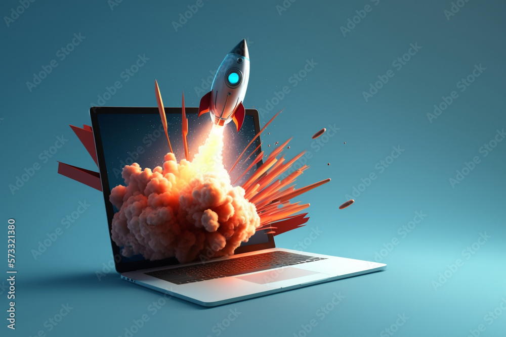 notebook with rocket taking off, to show the speed of technology Stock ...