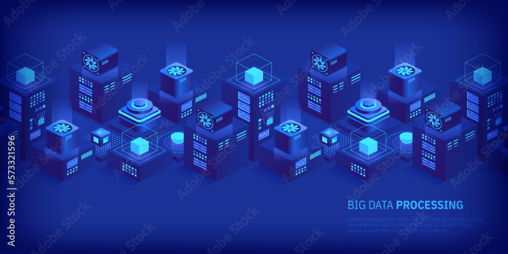 Vector isometric server room. Quantum computer. Cloud storage data center. Web hosting. Big data ...
