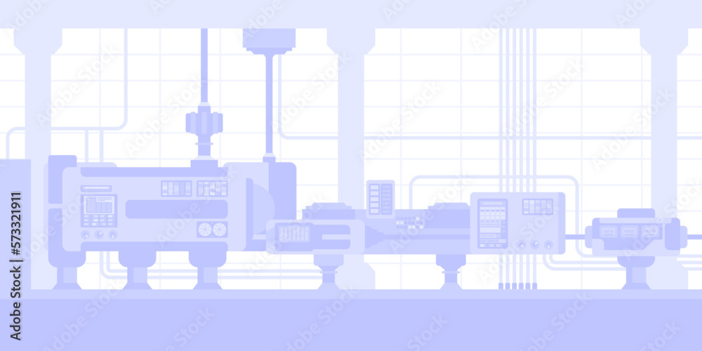 Smart factory with conveyor belt controlled by AI robots. Industry ...