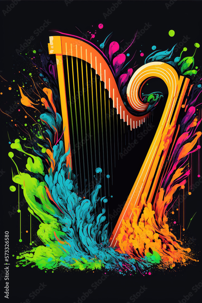 a classic greek inspired harp in a modern art style, black background ...
