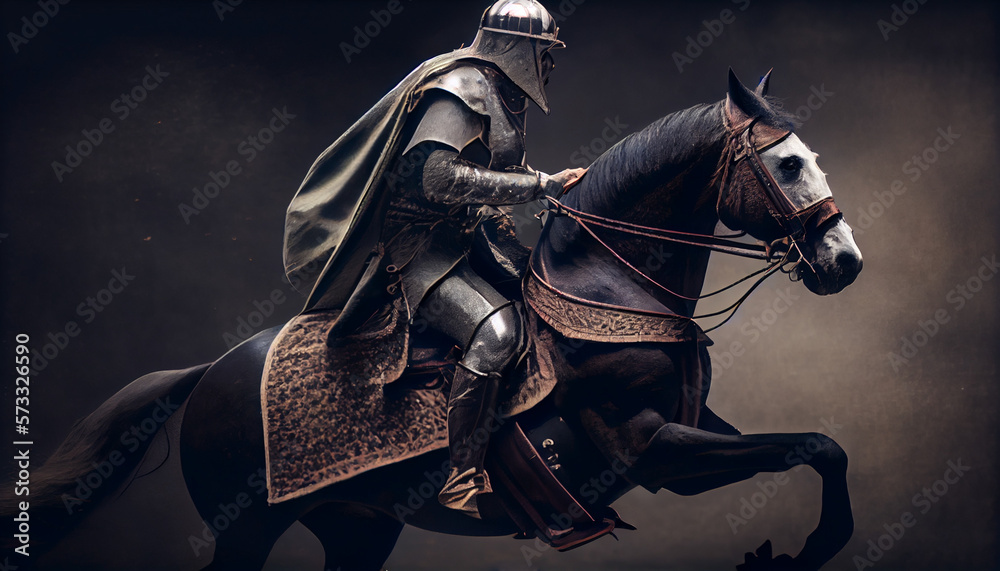 Knight riding a horse with dark background, generative ai Stock ...