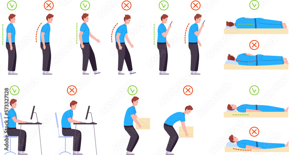 Ergonomic spine postures. Proper and wrong body positions infographic ...