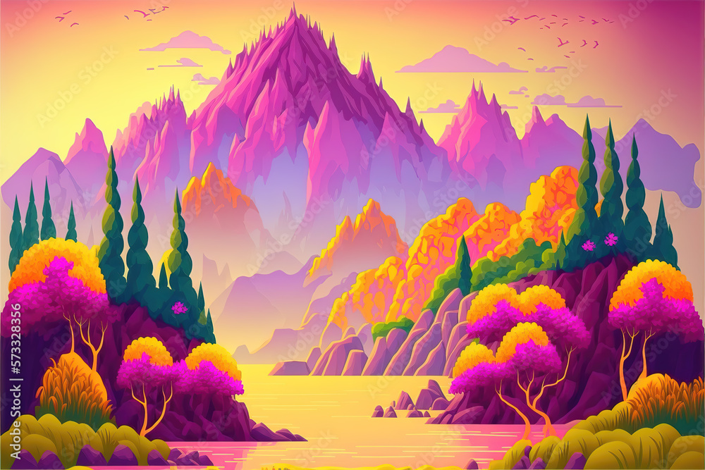 a pink themed cartoon landscape illustration of a river in front of big ...