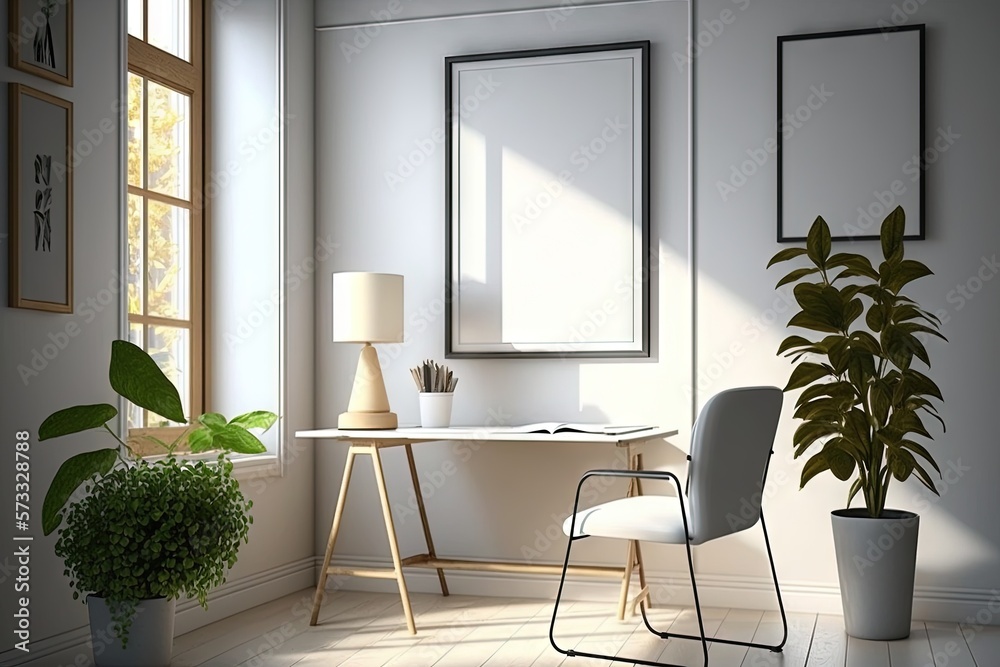 Mockup of wall poster frame on the working room, with modern ...