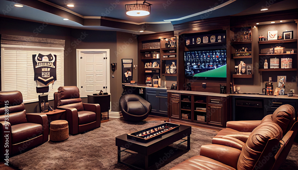 a luxurious and spacious room designed for sports enthusiasts, with a ...