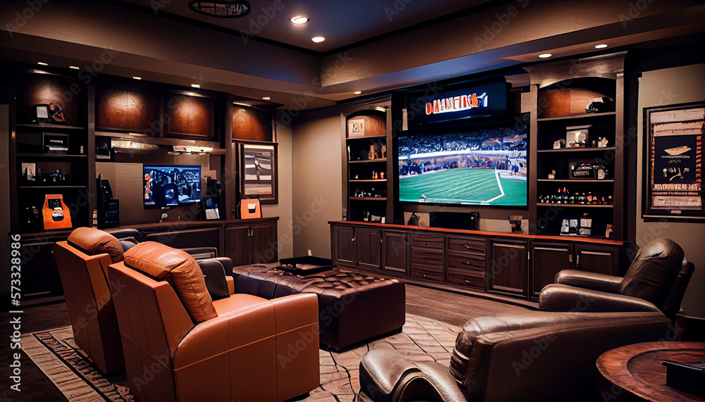 a luxurious and spacious room designed for sports enthusiasts, with a ...