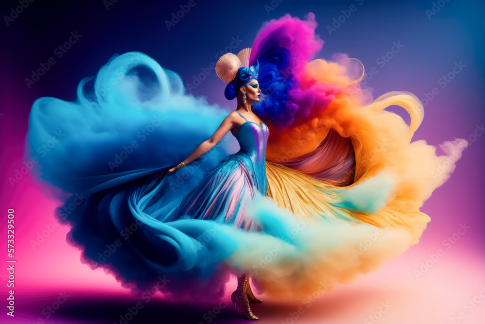 Girl dancer in a fantasy dance with a multicolored fabric flying around ...