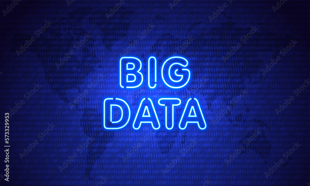 Big Data. Neon Symbol on Blue Map Background with Binary code. Data Concept. Vintage electric ...