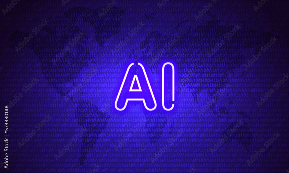 Artificial Intelligence. AI. Neon Symbol on Blue Map Background with ...