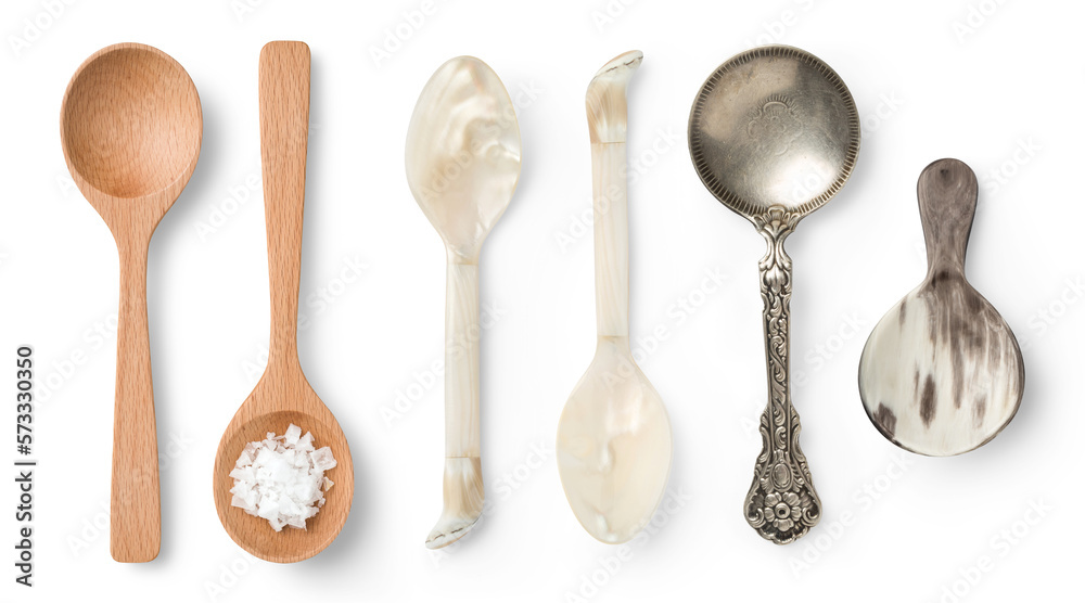 set of different spoons, wooden, mother-of-pearl, silver and horn ones ...