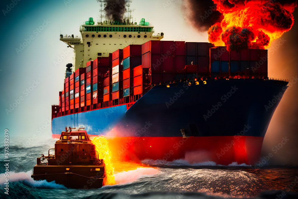 Rescue boat heads towards a fuel ship on fire. large cargo ship for ...