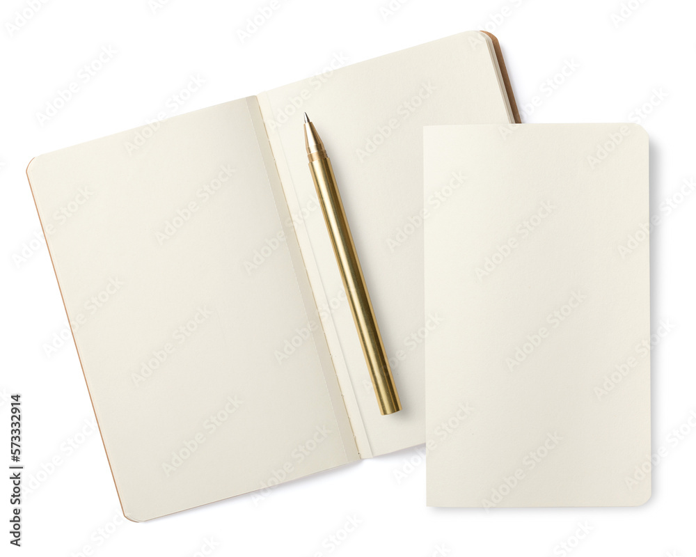blank open notebook with elegant golden ballpoint, pen and separate ...
