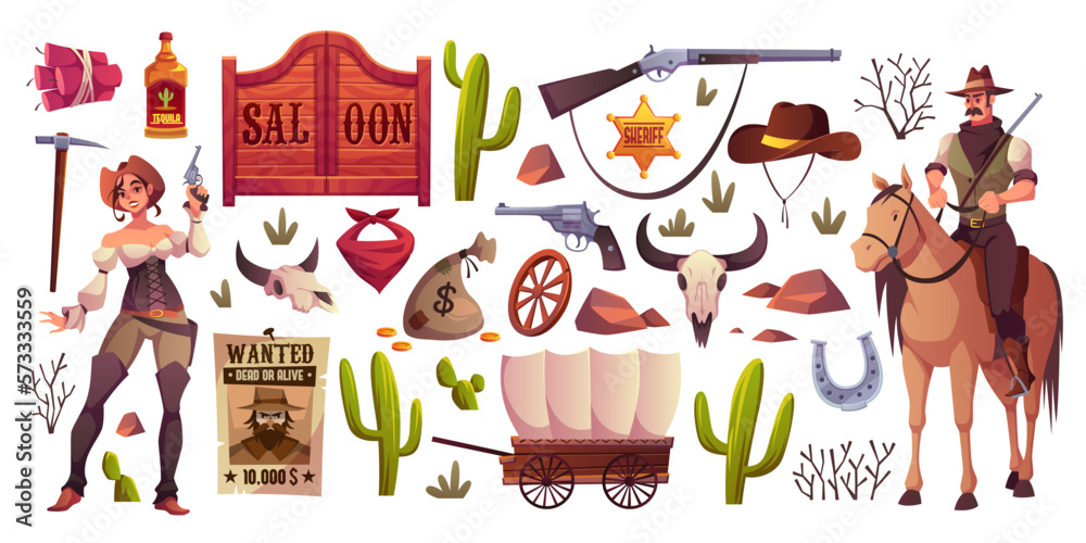 Wild west elements. Cartoon western objects, cowboy accessories, horse ...