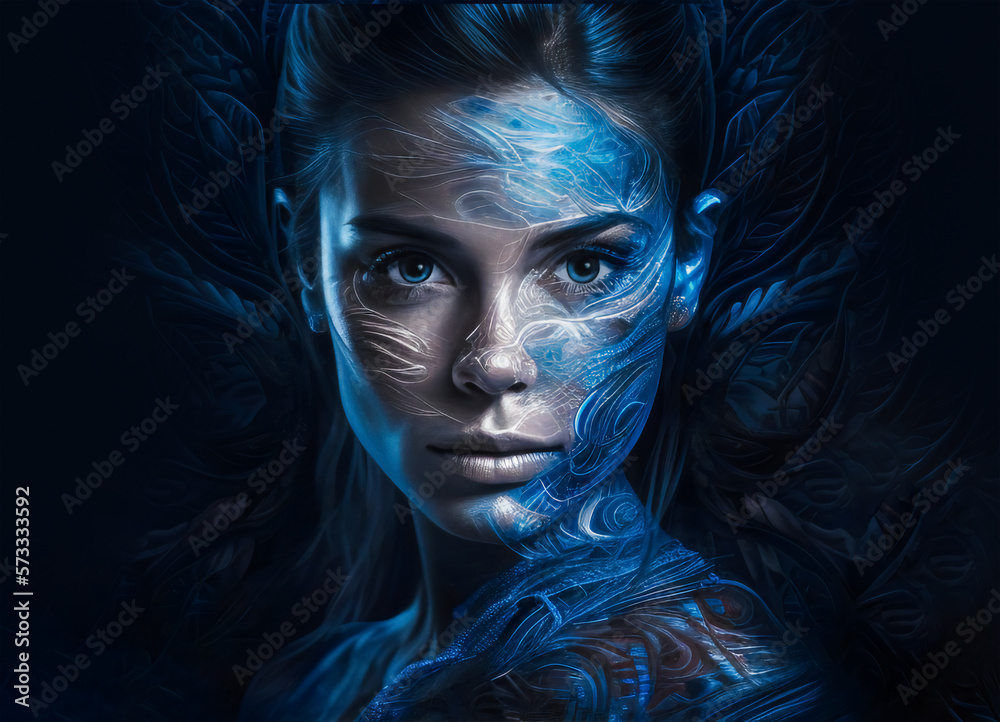 A Teenage Girl Adorned In Blue Body Paint At The Front Of A Mysterious A Teenage Girl Adorned In Blue Body Paint At The Front Of A Mysterious