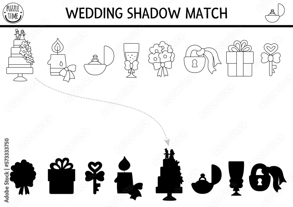 Fototapeta Wedding black and white shadow matching activity with cute ... Fototapeta Wedding black and white shadow matching activity with cute ...