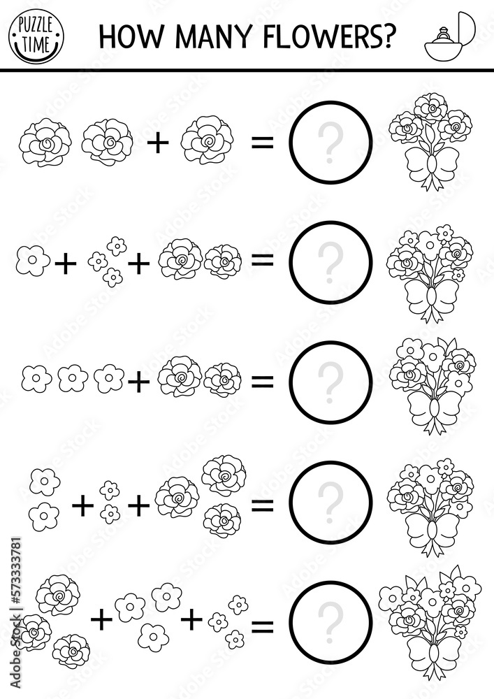 How many flowers black and white game with cute bouquets. Wedding math ...