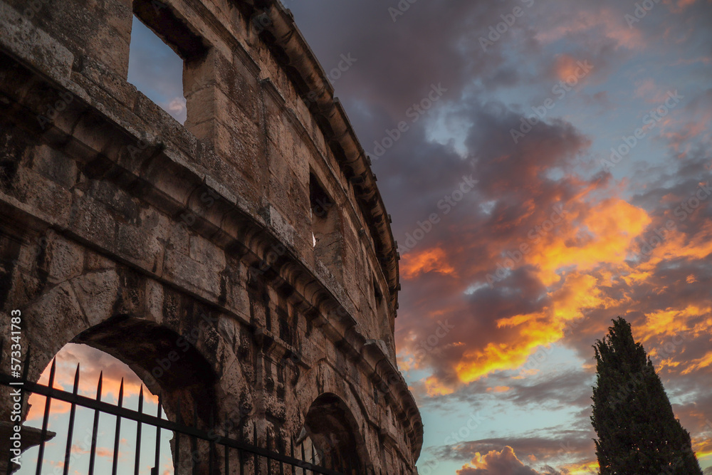 Roman Amphitheater with Dramatic Sunset Sky in Croatia. Pula Arena ...
