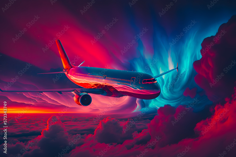 Northern Lights Aurora Borealis green red blue color with passenger ...
