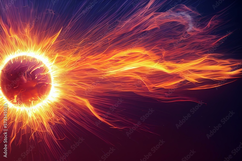 Flying Fireball with smoke. Nuclear explosion. Fiery flame, 3d render ...