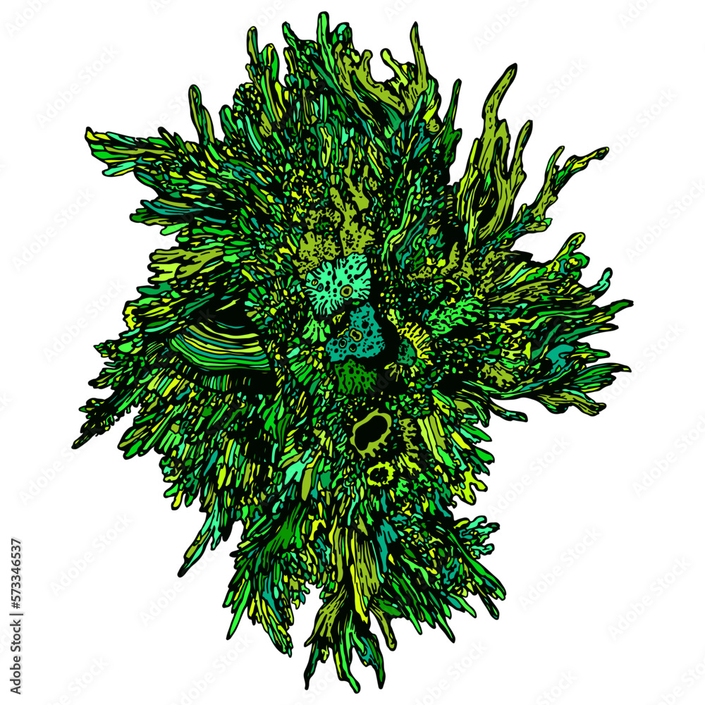 Green fresh forest moss realistic sketch with tree bark, tree fungus ...