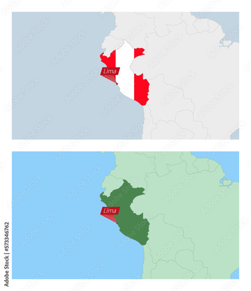 Peru map with pin of country capital. Two types of Peru map with ...