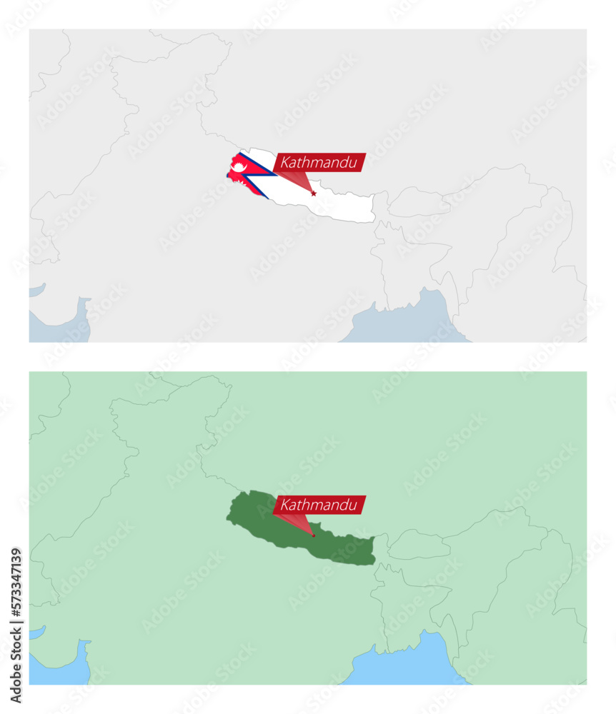 Nepal map with pin of country capital. Two types of Nepal map with ...