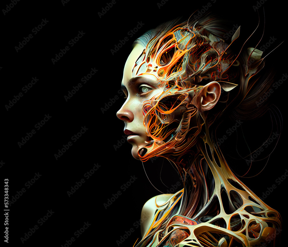 Abstract art organic cyborg cybernetic and organism. A female woman ...